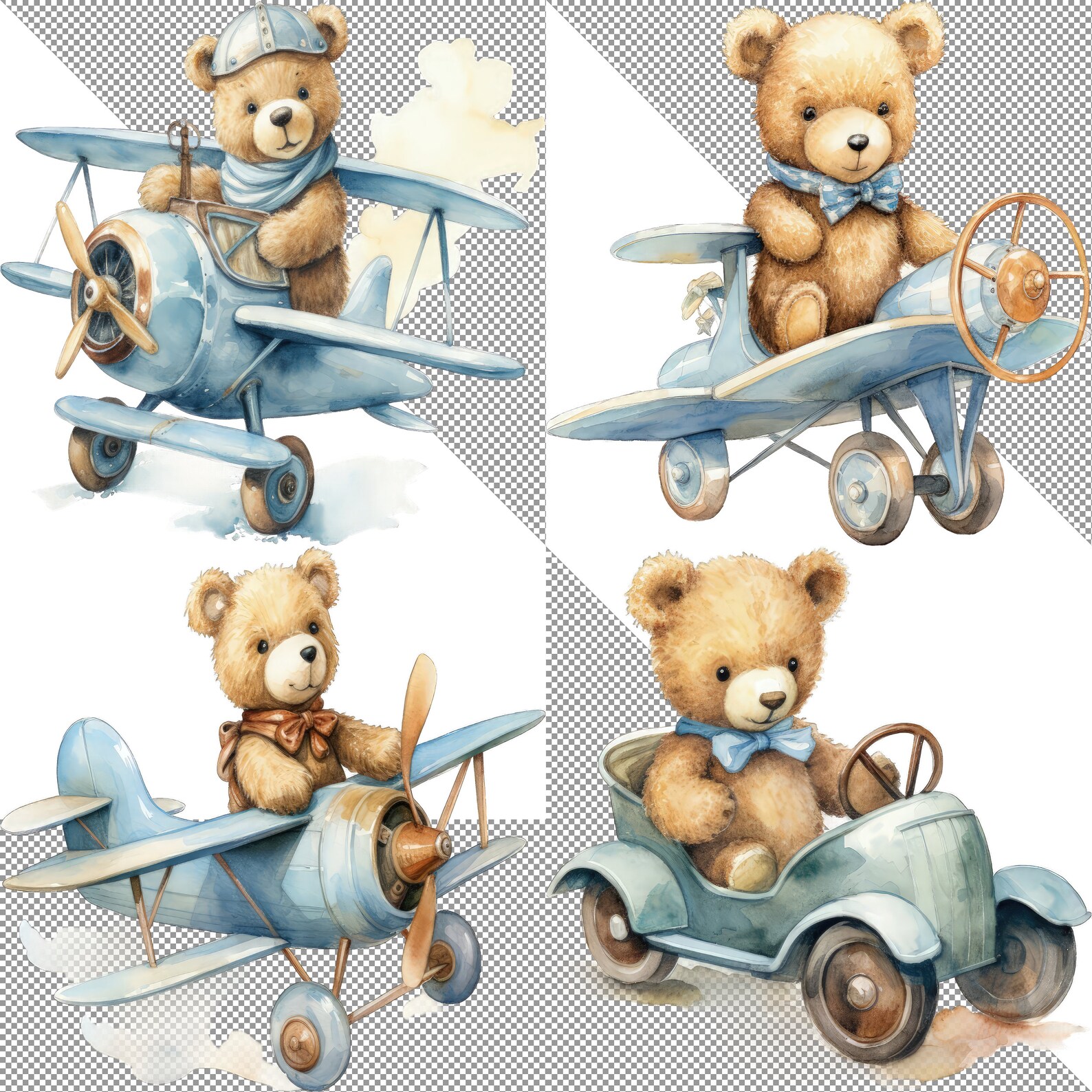 Teddy Bear's Driving Helicopter Clipart, Light Brown Watercolor ...