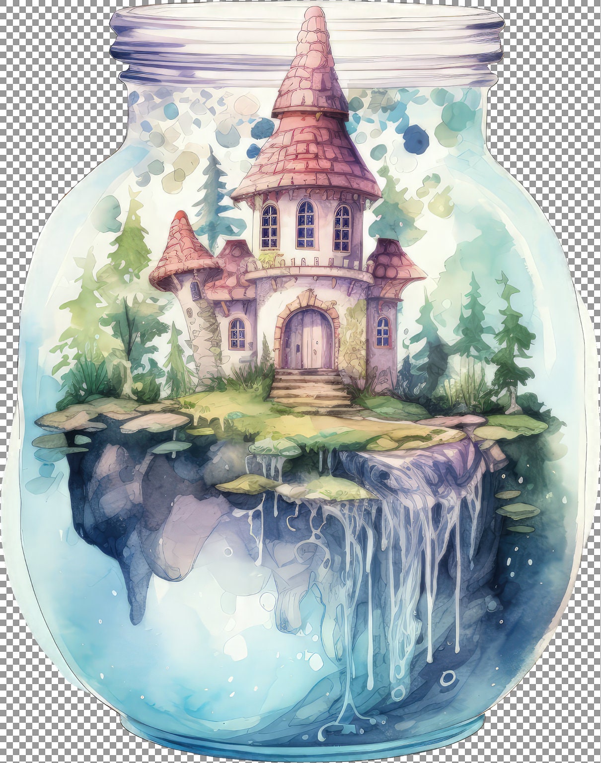 Jar With Mini Castle Clipart, Waterfall Watercolor Clipart,design for ...