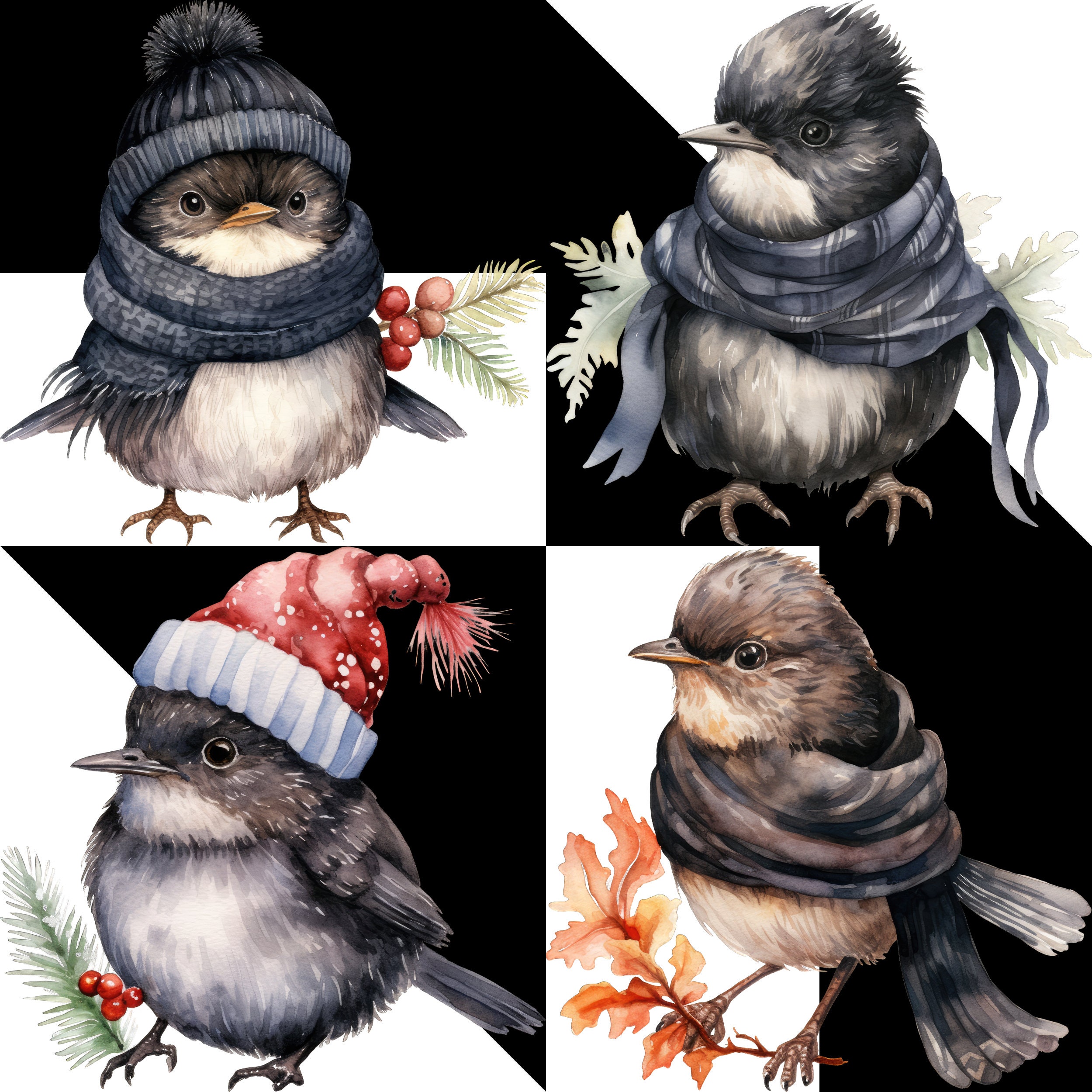 Black Wren in Winter Costume PNG Watercolor Clipart,watercolor Cozy ...