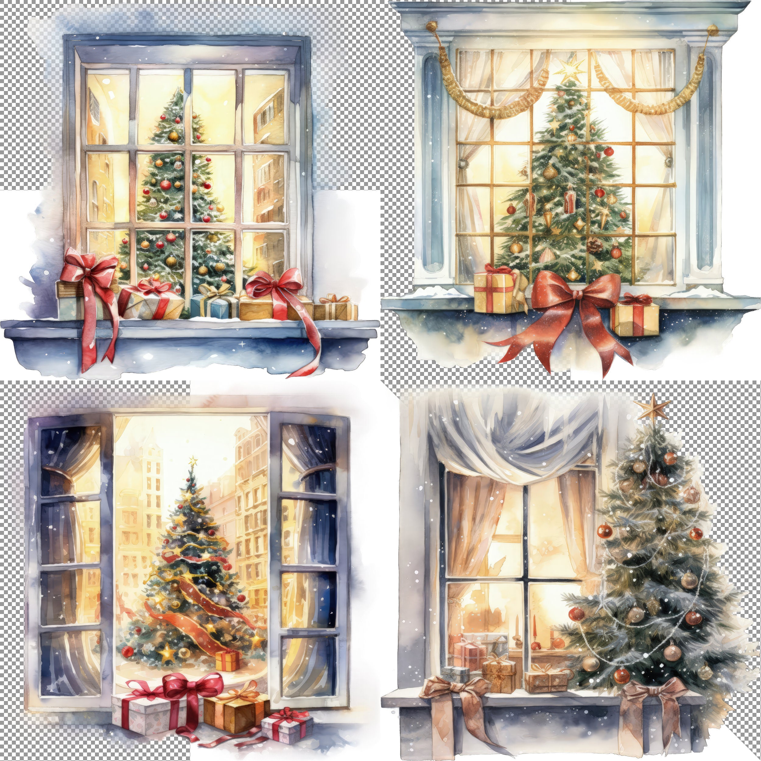 Christmas Tree Clipart, Majestic View Through a Window Watercolor ...