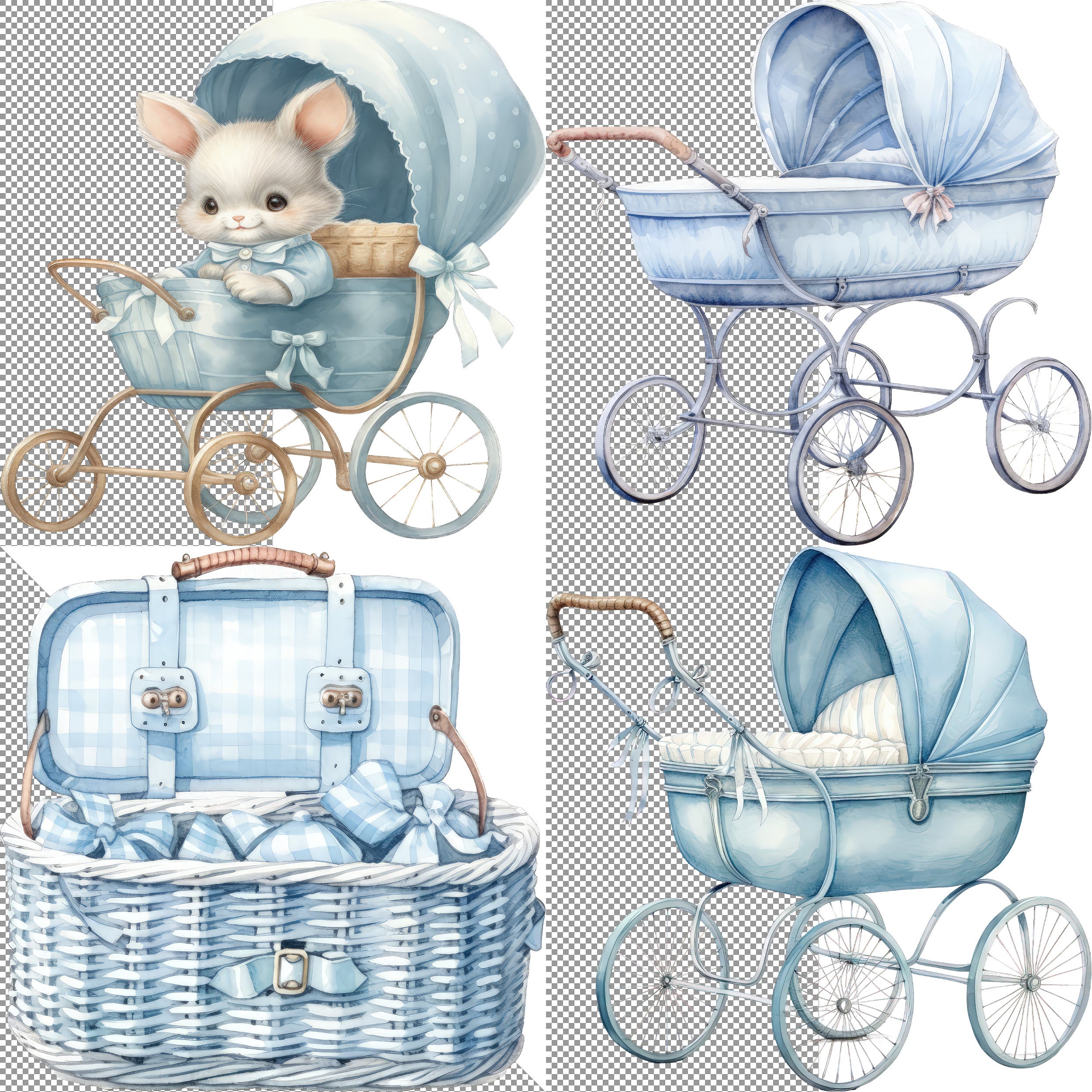 Baby Blue Stroller Clipart, Picnic Basket Watercolor Illustration ...