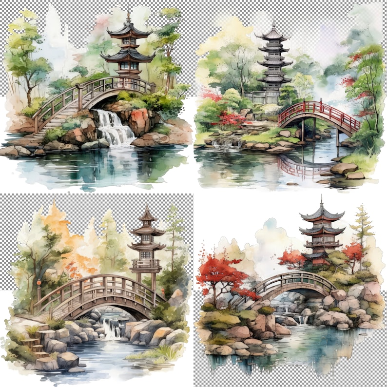 Zen Garden With Tower and Bridge Clipart Png Watercolor - Etsy