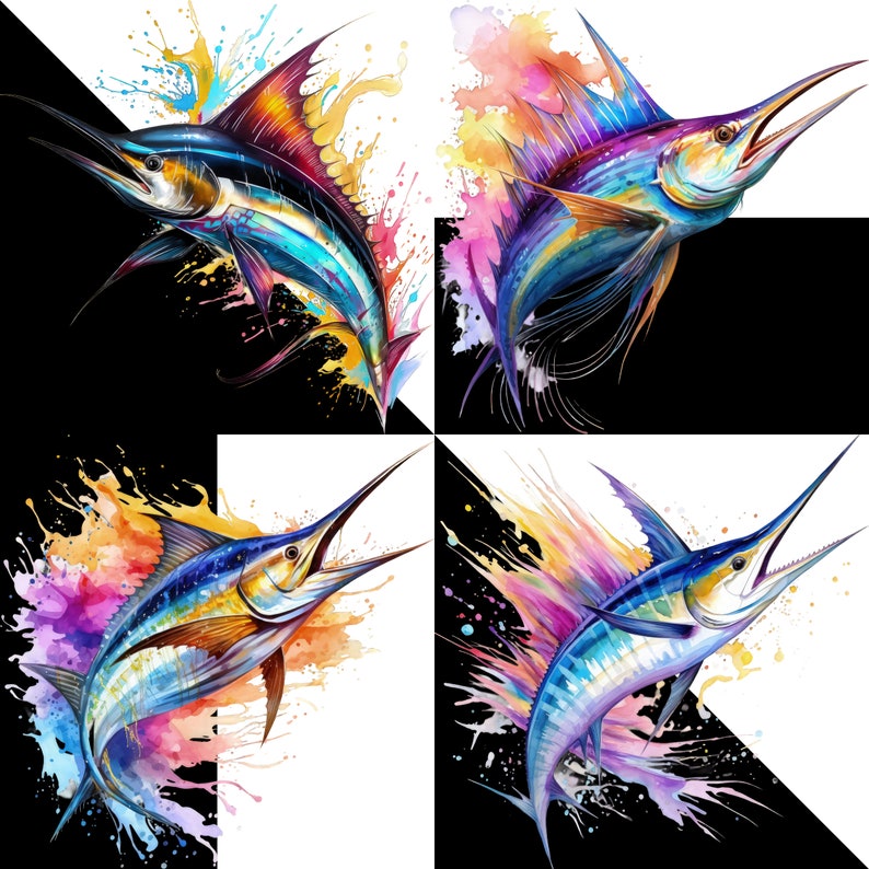 Marlin Clipart, Majestic Marlin Ocean Art Print,marlin Illustration Set ...