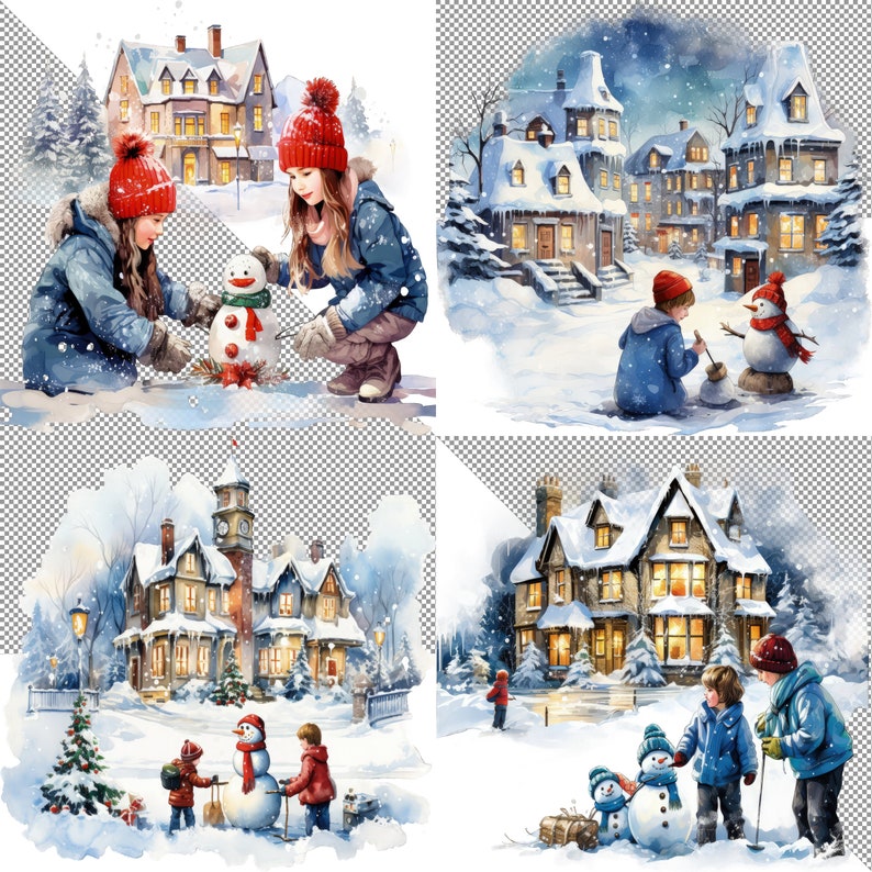 Kids' Winter Wonderland Clipart, Kids With Snowman Clipart: Winter Fun ...