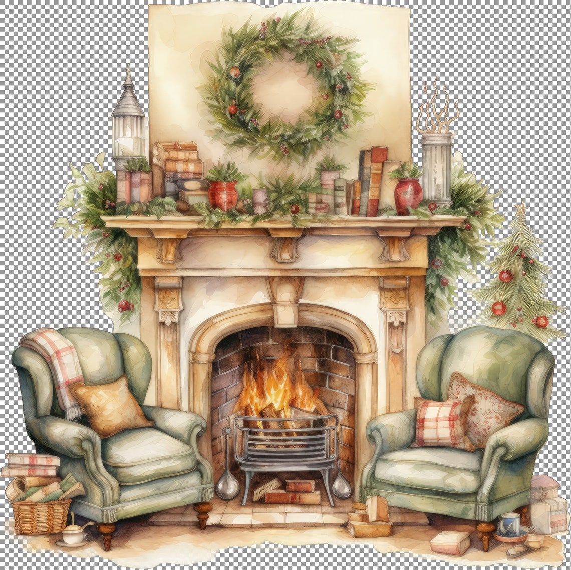 Christmas Room Clipart, Cozy Christmas Room With Mantel in Muted Colors ...