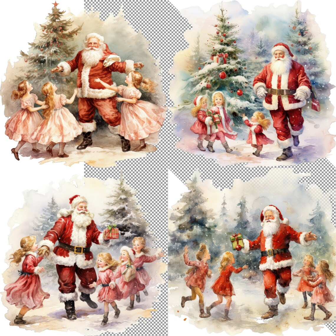 Santa Claus Dancing With Children Watercolor Clipart Poster - Etsy