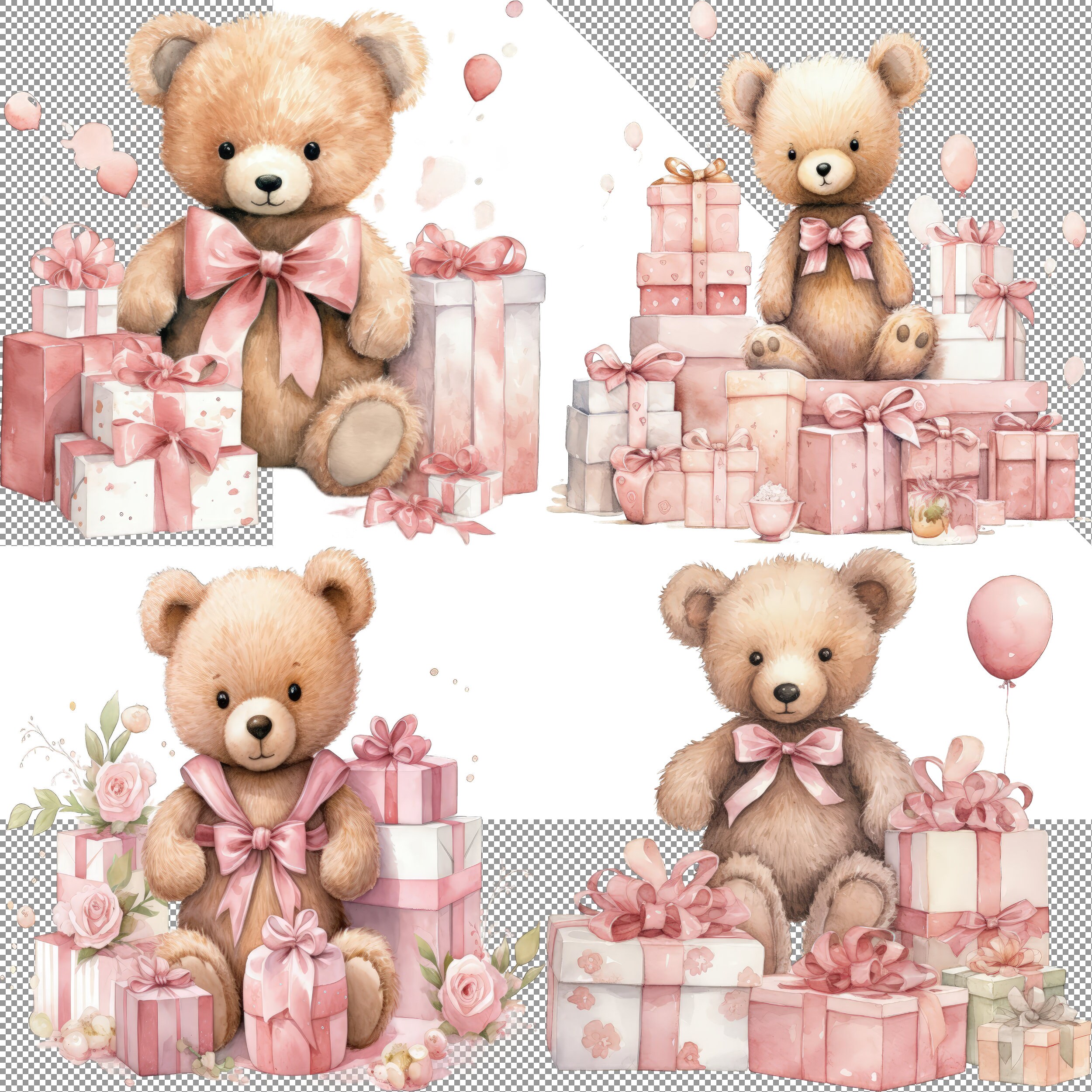 Pink Teddy Bear in Costume Watercolor Clipart, Wall Art for Collage ...