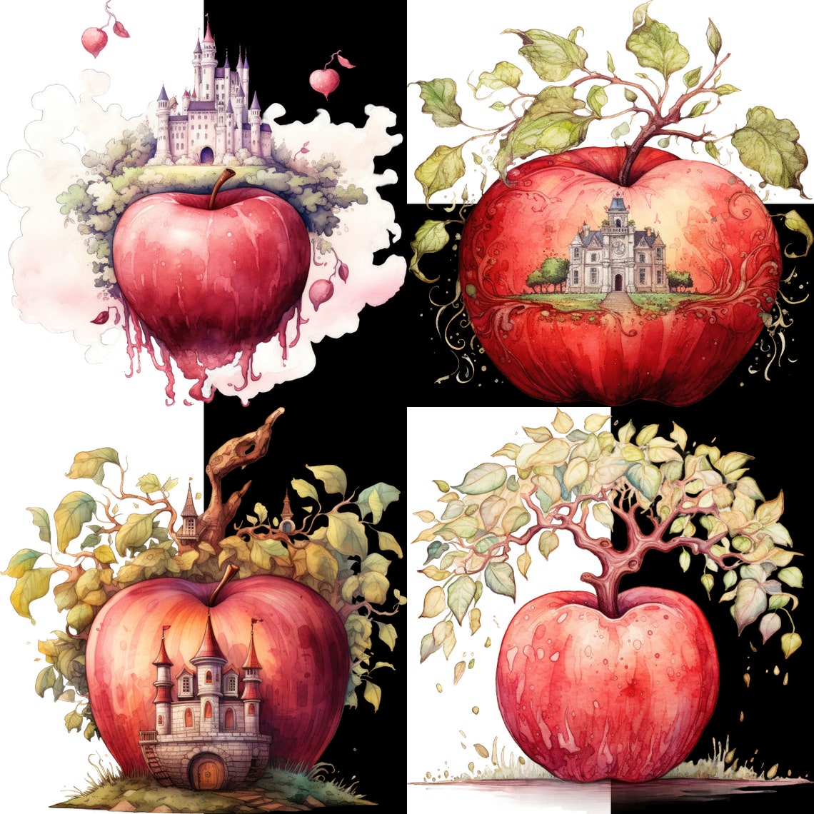 Enchanted Apple Whimsical Watercolor Illustration PNG - Etsy