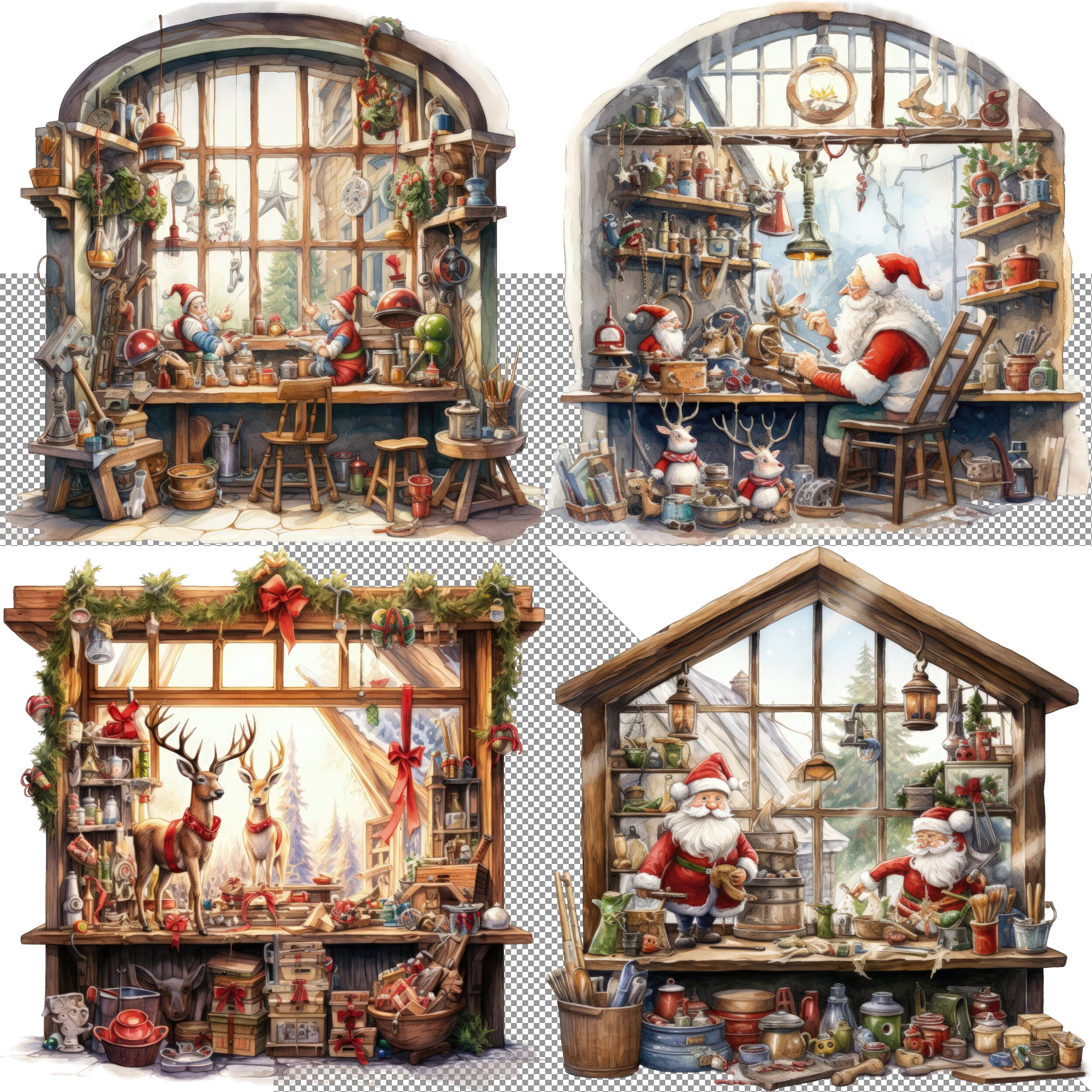 Santa's Workshop Clipart, Enchanted Glimpse Through a Window Watercolor ...