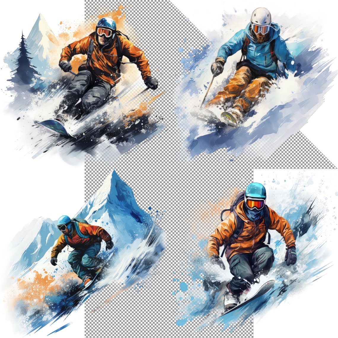 Snowboarder's Descent Clipart, Watercolor Winter Sports Clipart ...