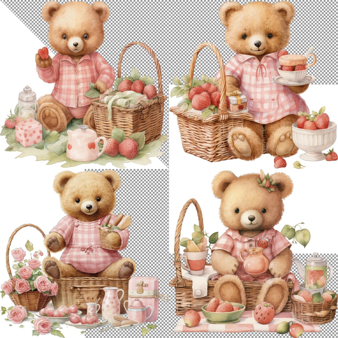 Pink Teddy Bear's Picnic Watercolor Clipart, Designs for 40 Oz Tumbler ...