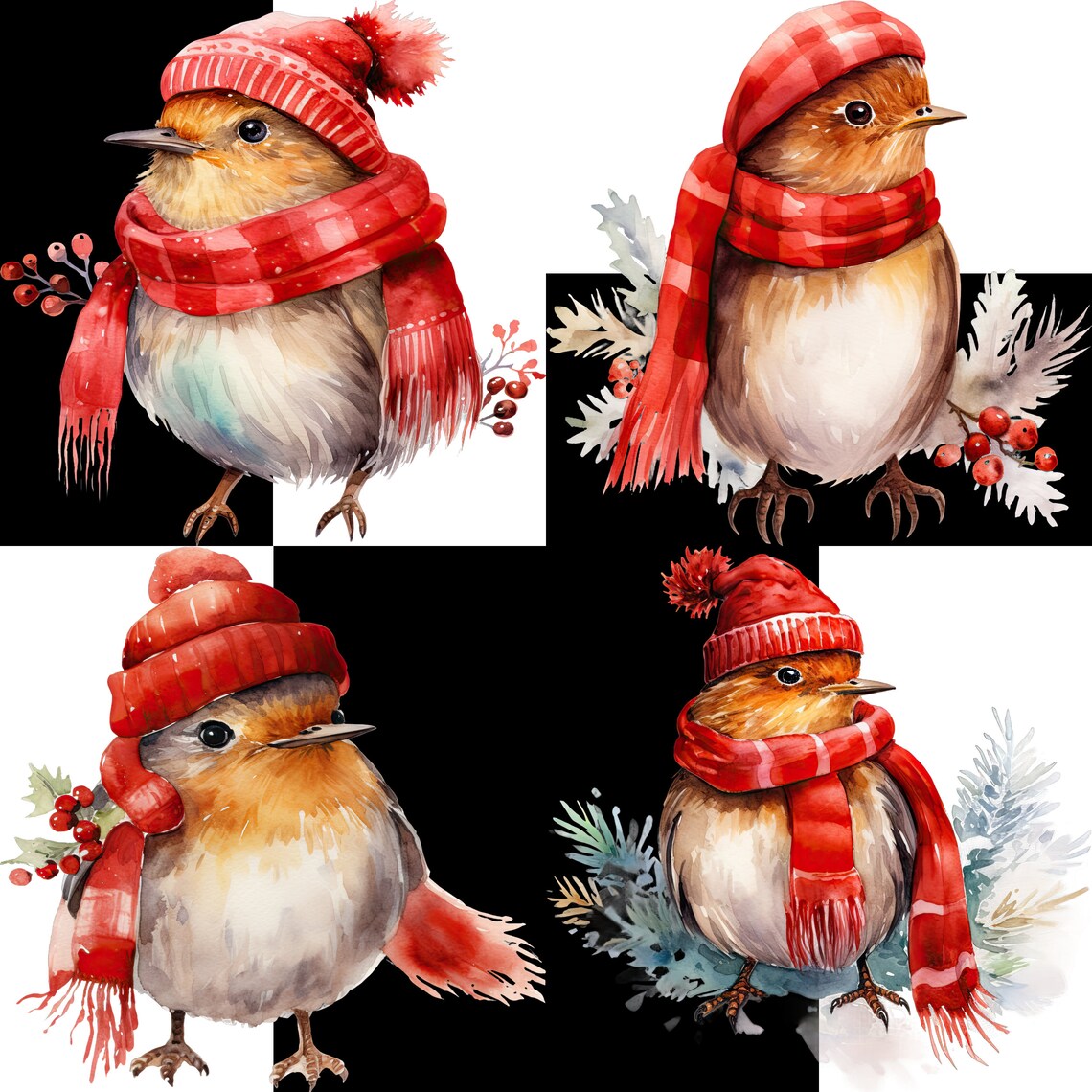 Red Wren With Santa Cap and Scarf PNG Clipart, Holiday Bird Clipart ...