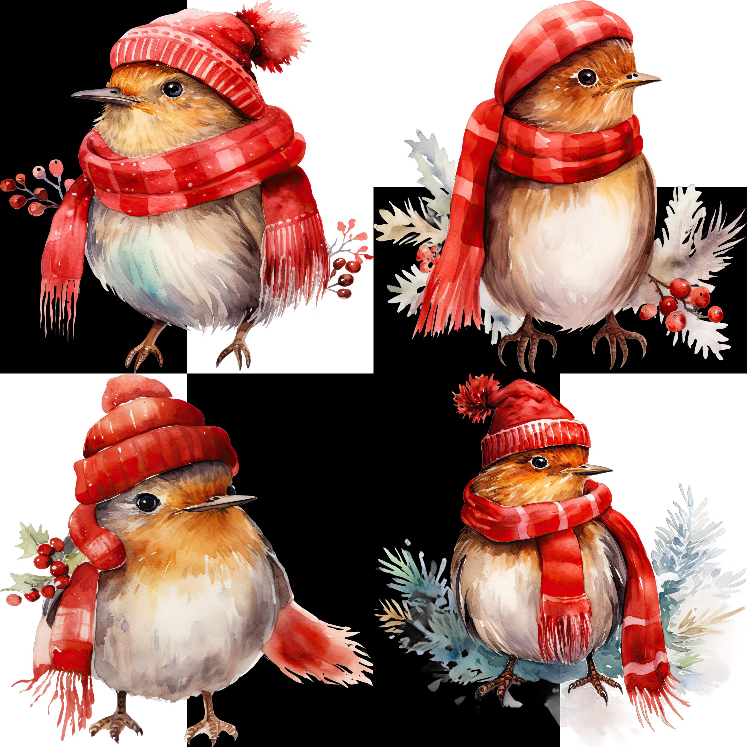Red Wren With Santa Cap and Scarf PNG Clipart, Holiday Bird Clipart ...