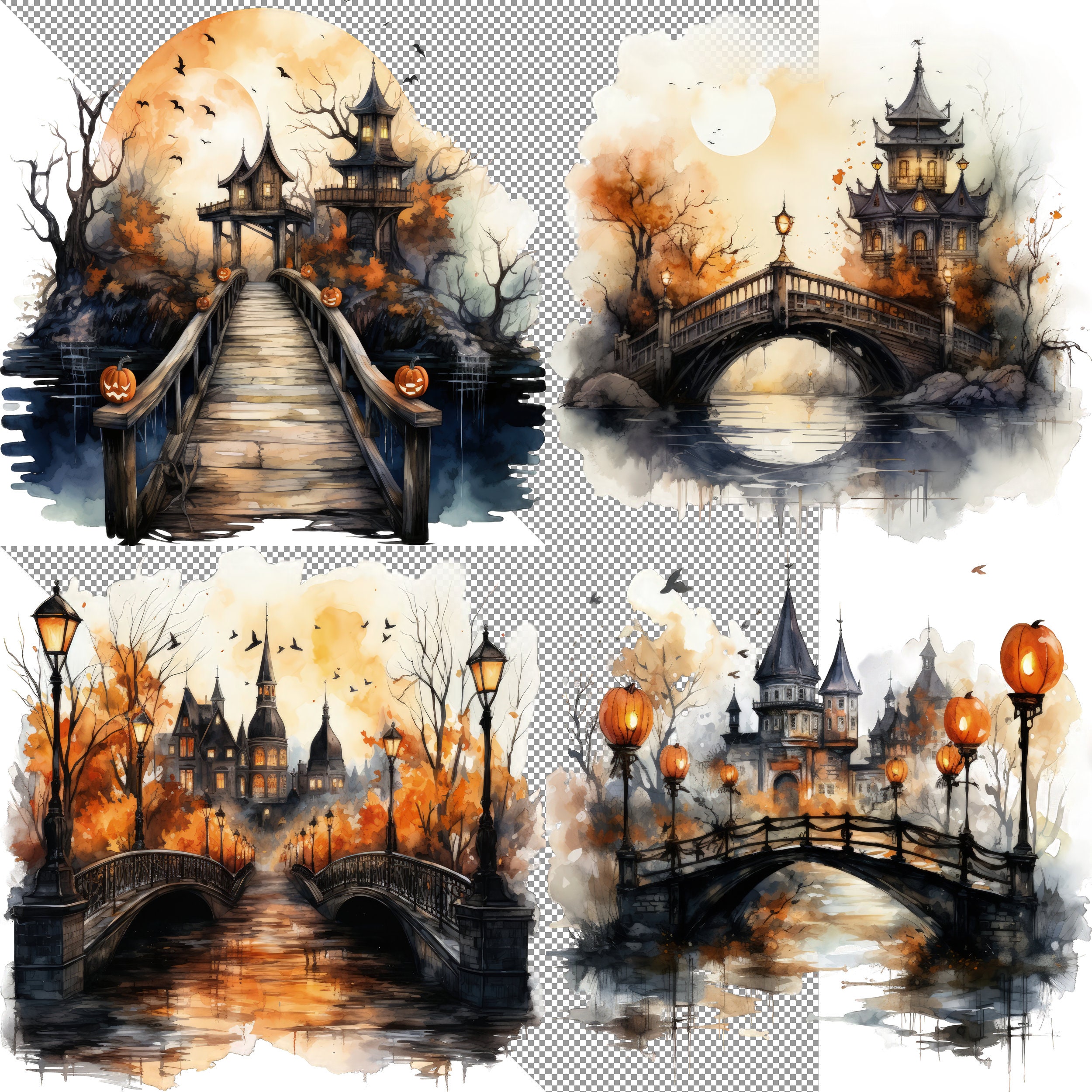 Lantern Bridge Halloween Clipart,ghostly Bridge Clipart for Halloween ...
