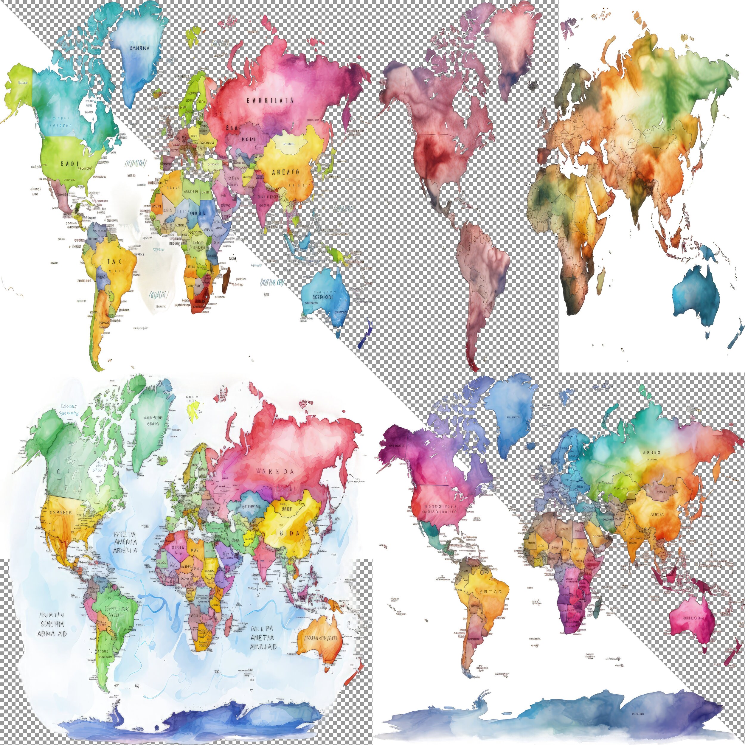 World Map Clipart, Major Landmarks Watercolor Illustration, Clipart for ...