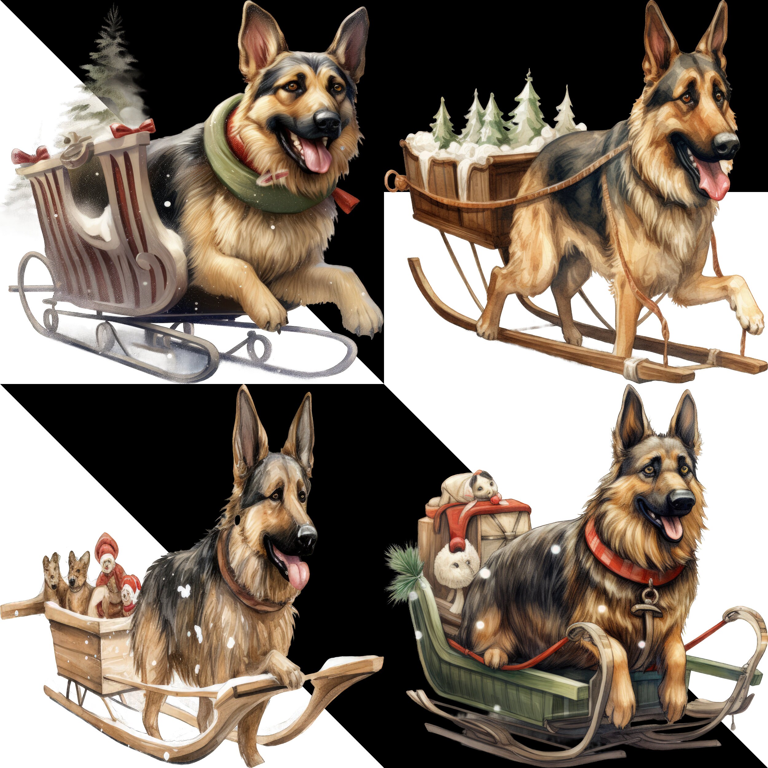 Festive German Shepherd Miniature Sleigh Clipart, German Shepherd in ...