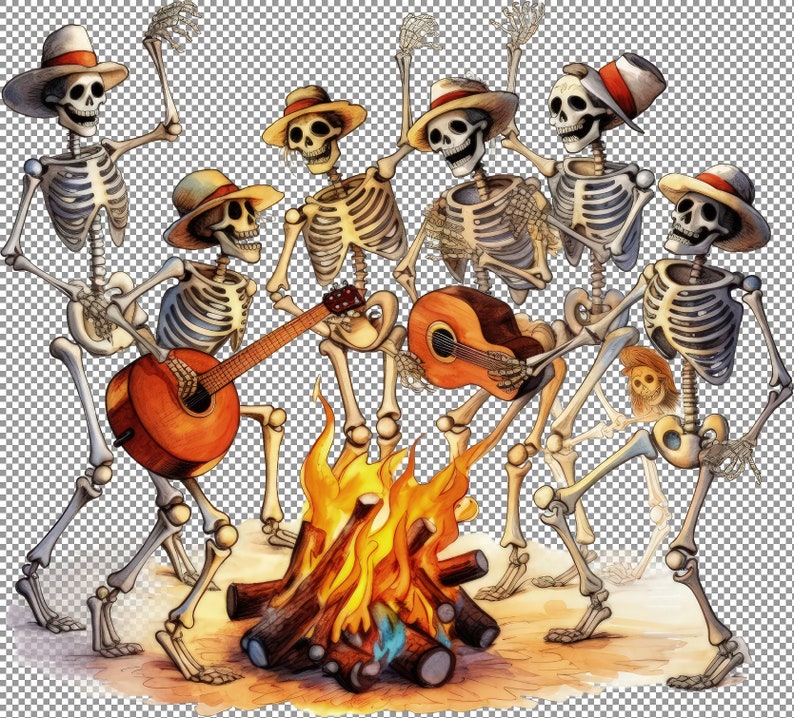 Halloween Skeletons Clipart, Cartoon Skeletons Dancing Around Fire ...
