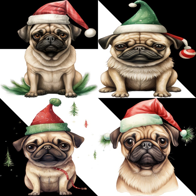 Festive Pug Elf Ears Clipart, Christmas Dog, Festive Pet Art, Pug ...