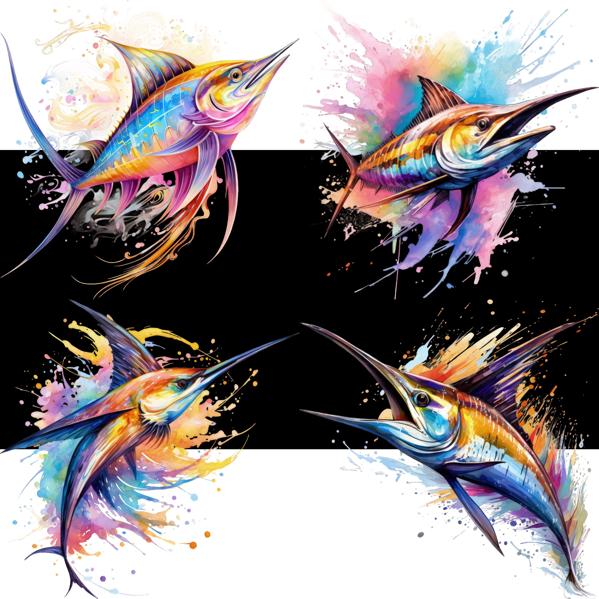 Marlin Clipart, Majestic Marlin Ocean Art Print,marlin Illustration Set ...
