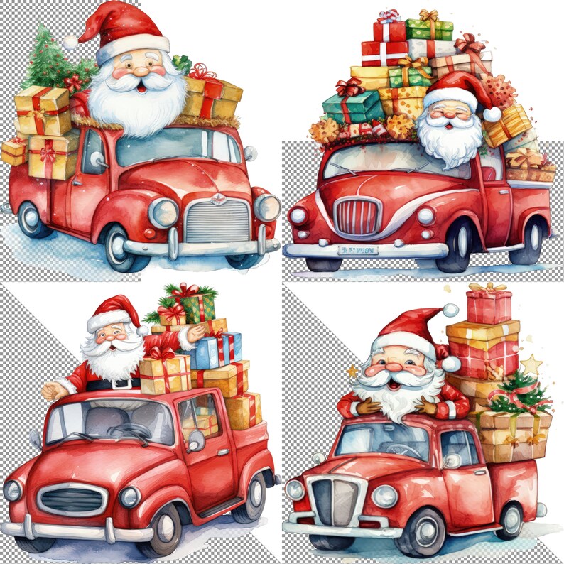 Santa's Car Ride Watercolor Cartoon, Clip Art for T Shirt, Wall Art for ...