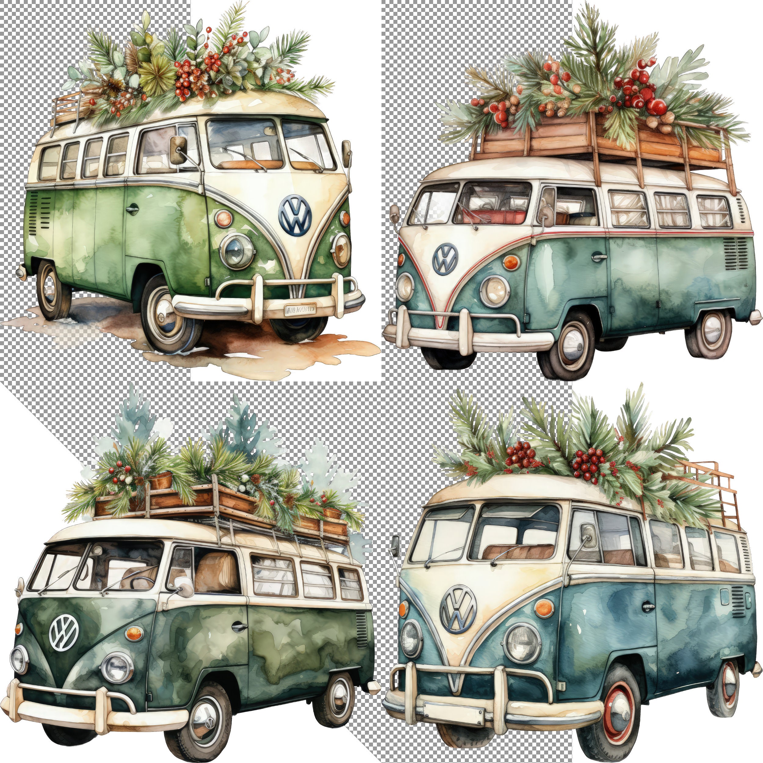 Christmas Retro Van Clipart, Festive Retro Christmas Van Watercolor ...