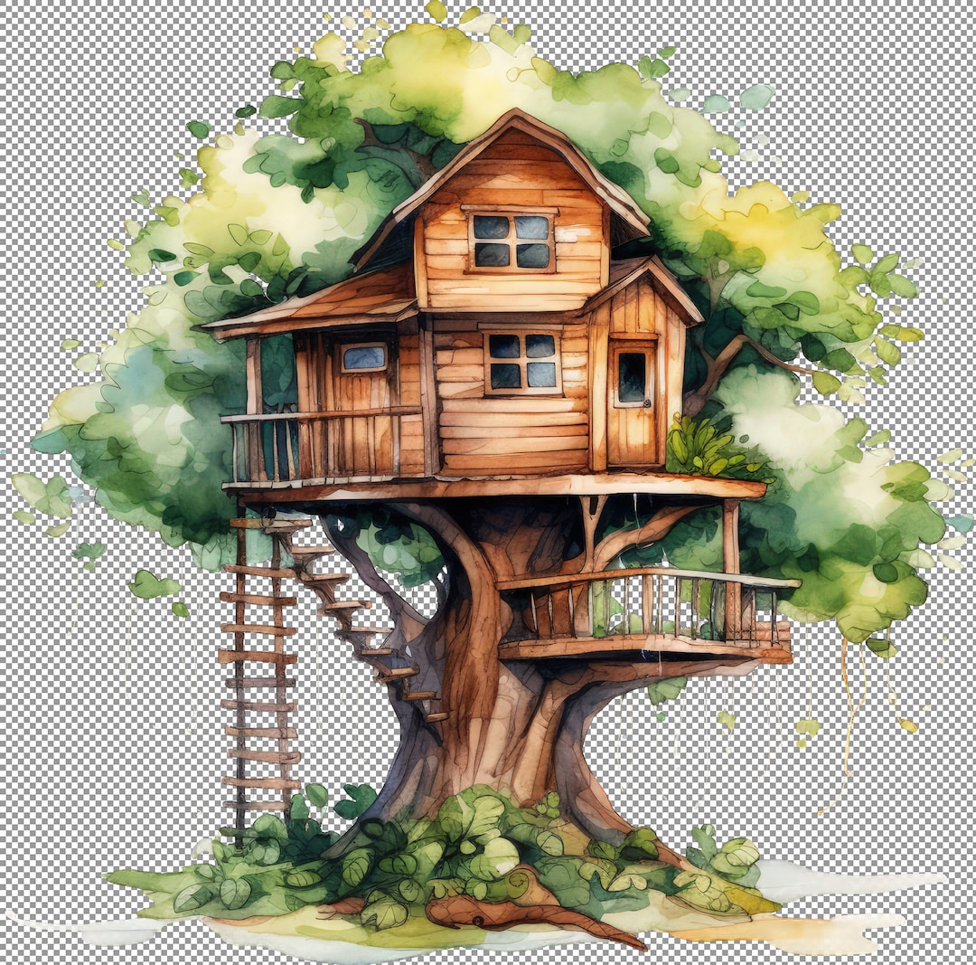 Treehouse Among Branches Clipart,fantasy Tree House Illustrations ...