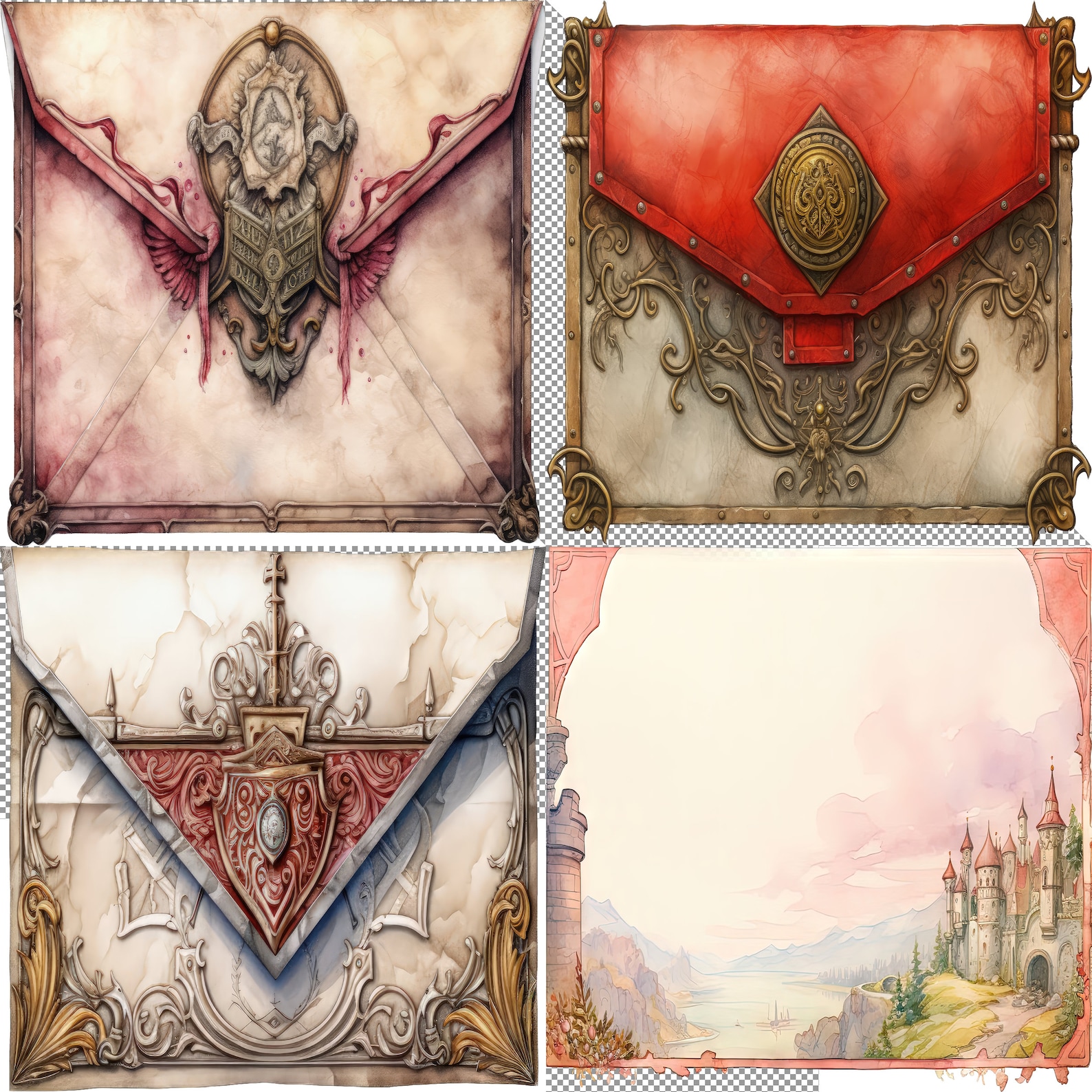 European Medieval Style Envelope Watercolor Clipart, Designs for Cups ...