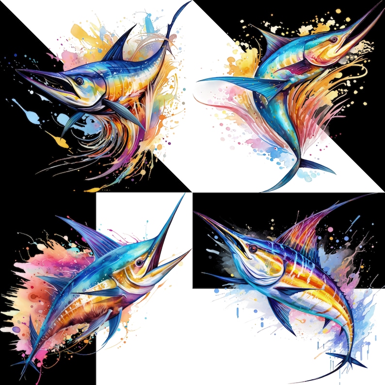 Marlin Clipart, Majestic Marlin Ocean Art Print,marlin Illustration Set ...