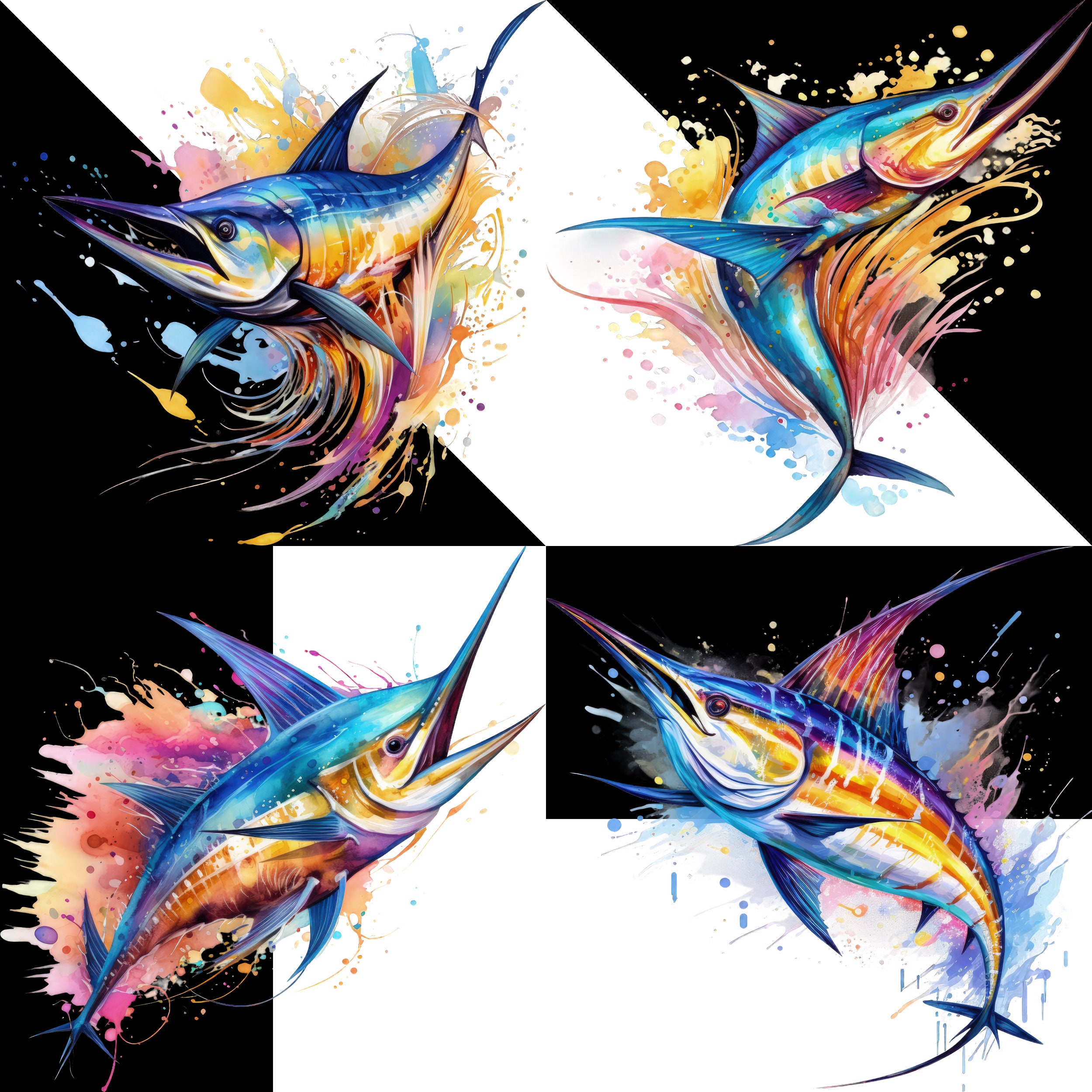 Marlin Clipart, Majestic Marlin Ocean Art Print,marlin Illustration Set ...