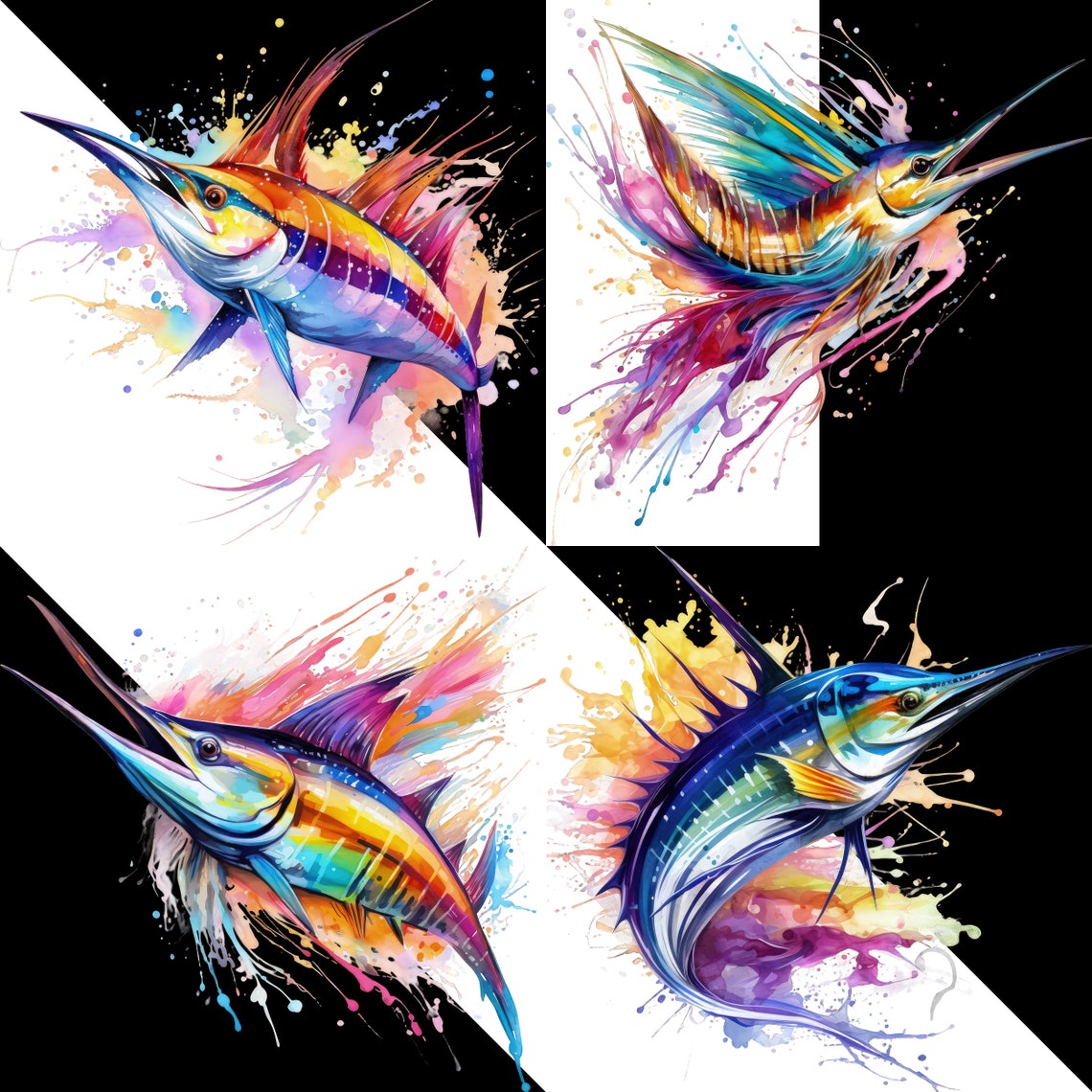 Marlin Clipart, Majestic Marlin Ocean Art Print,marlin Illustration Set ...