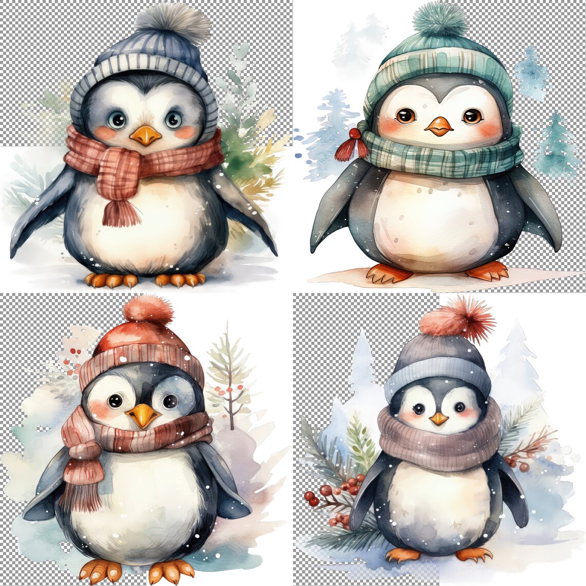 Christmas Penguin Clipart, Winter Wonderland Penguin Graphics, Snowy ...