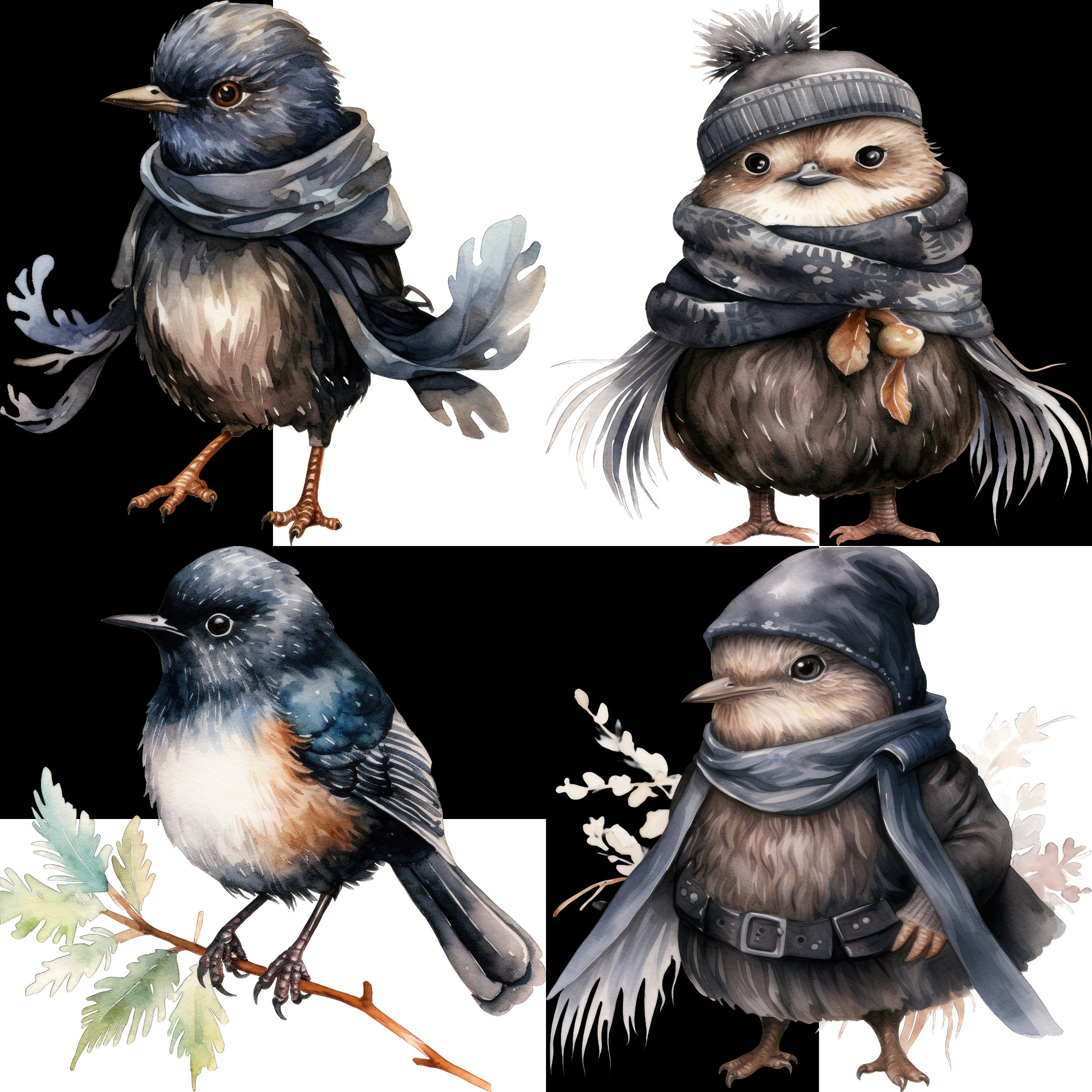 Black Wren in Winter Costume PNG Watercolor Clipart,watercolor Cozy ...