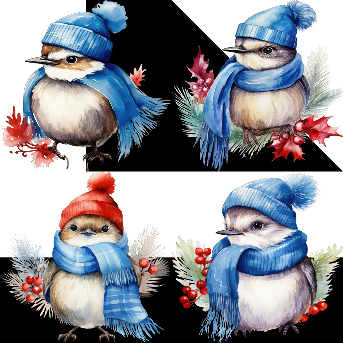 Blue Wren With Santa Cap and Scarf Watercolor PNG Clipart,festive Bird ...