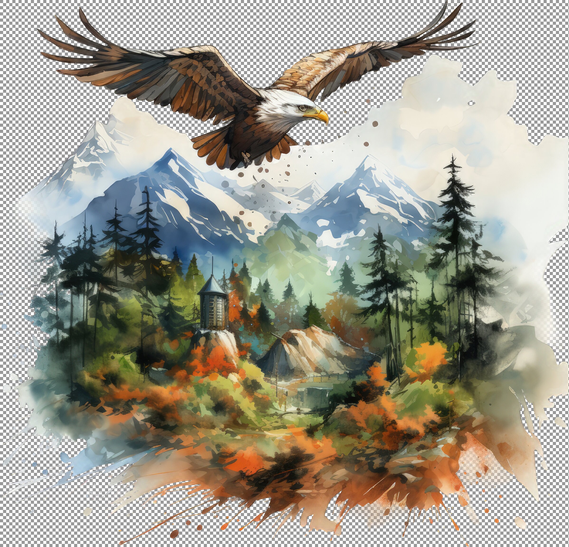 Mountain Melody With Soaring Eagles Clipart, Eagle Soaring in Mountain ...