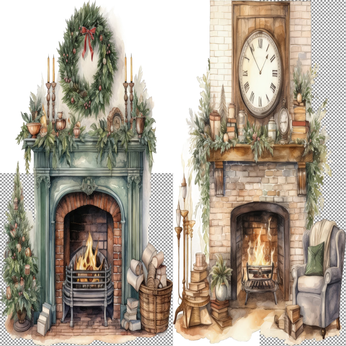 Christmas Room Clipart, Cozy Christmas Room With Mantel in Muted Colors ...