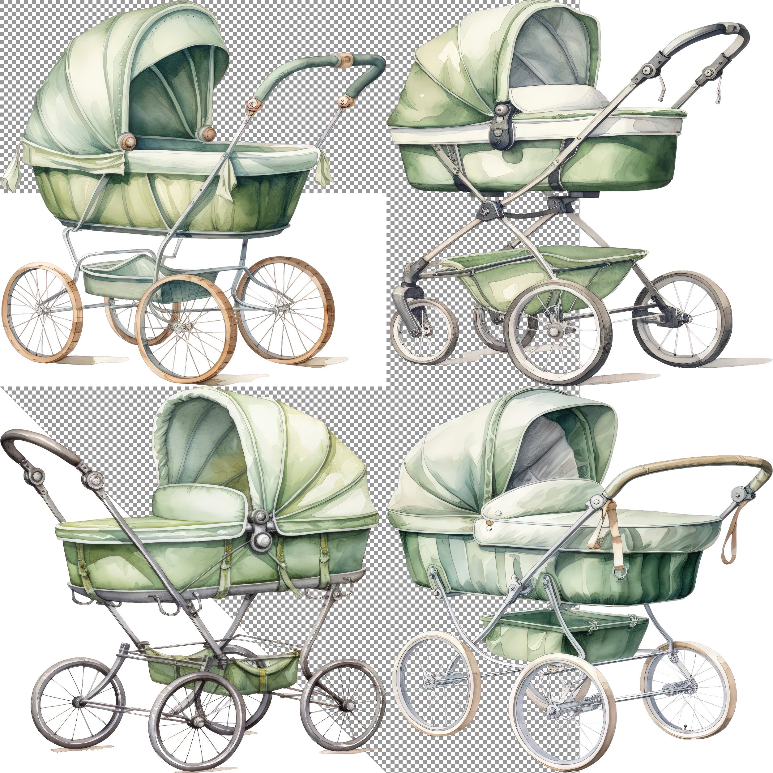 Baby Green Stroller Clipart,watercolor Illustration, Picture for ...