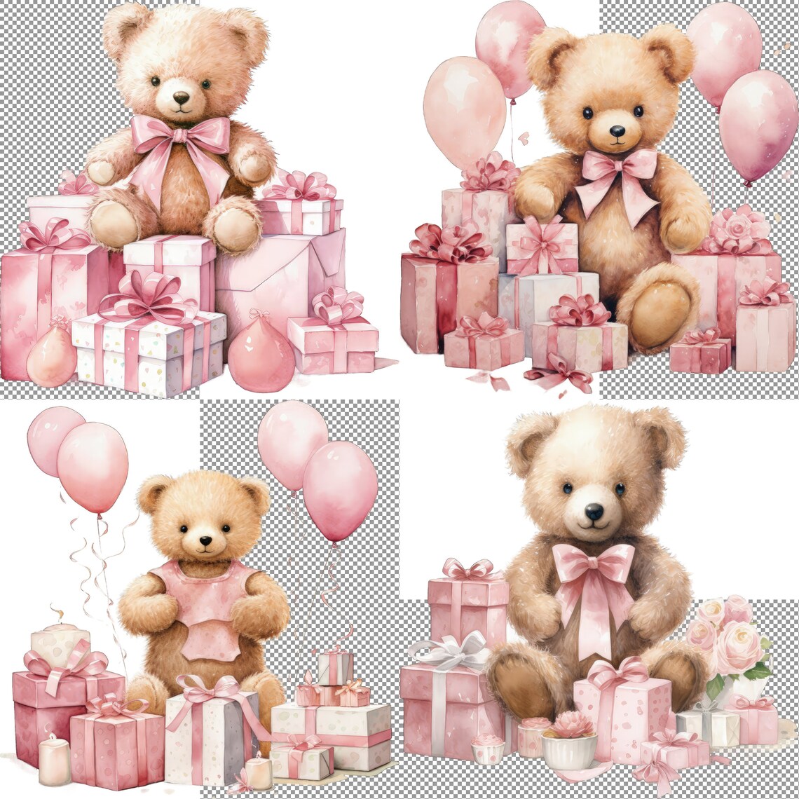 Pink Teddy Bear in Costume Watercolor Clipart Wall Art for - Etsy