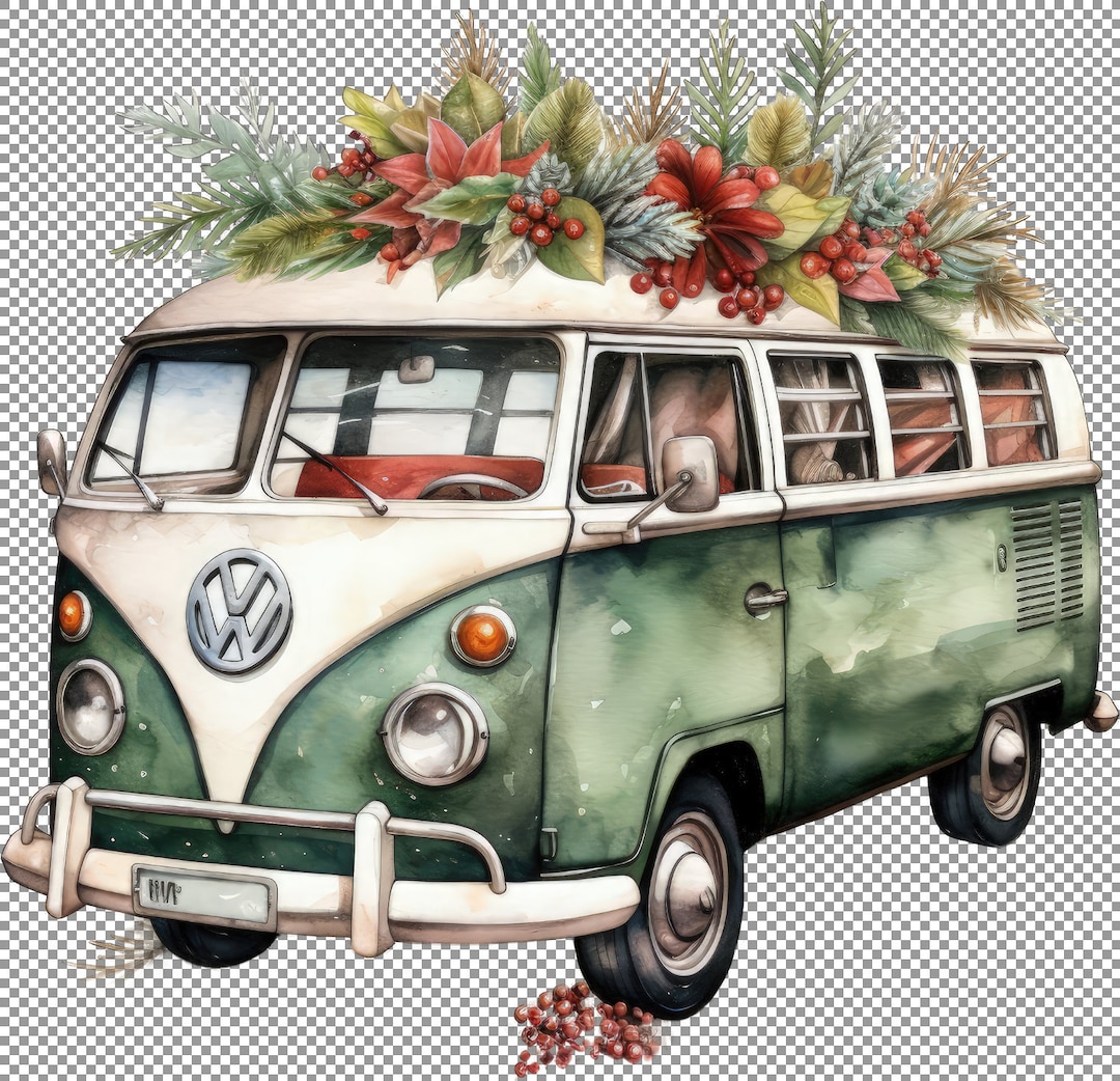 Christmas Retro Van Clipart, Festive Retro Christmas Van Watercolor ...