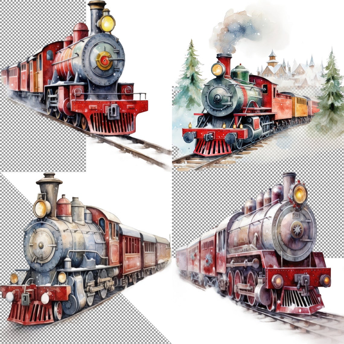 Vintage Christmas Train Watercolor Background, Art for Above Tv, Art ...