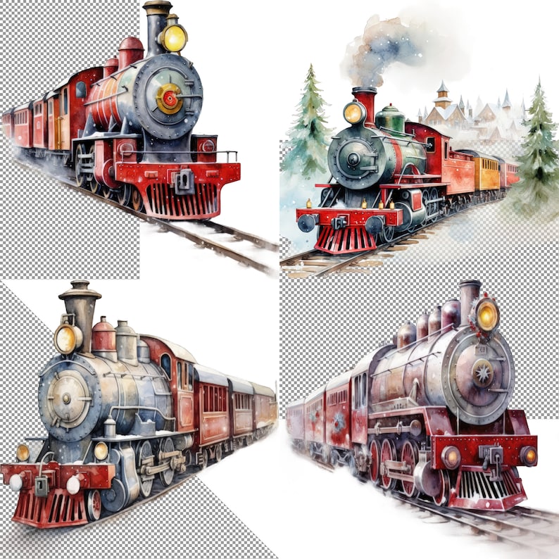 Vintage Christmas Train Watercolor Background, Art for Above Tv, Art ...