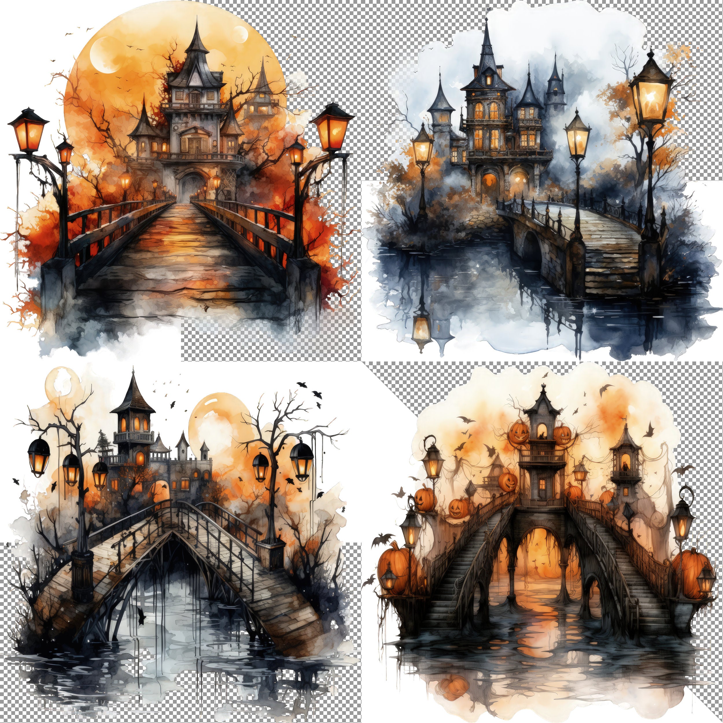 Lantern Bridge Halloween Clipart,ghostly Bridge Clipart for Halloween ...