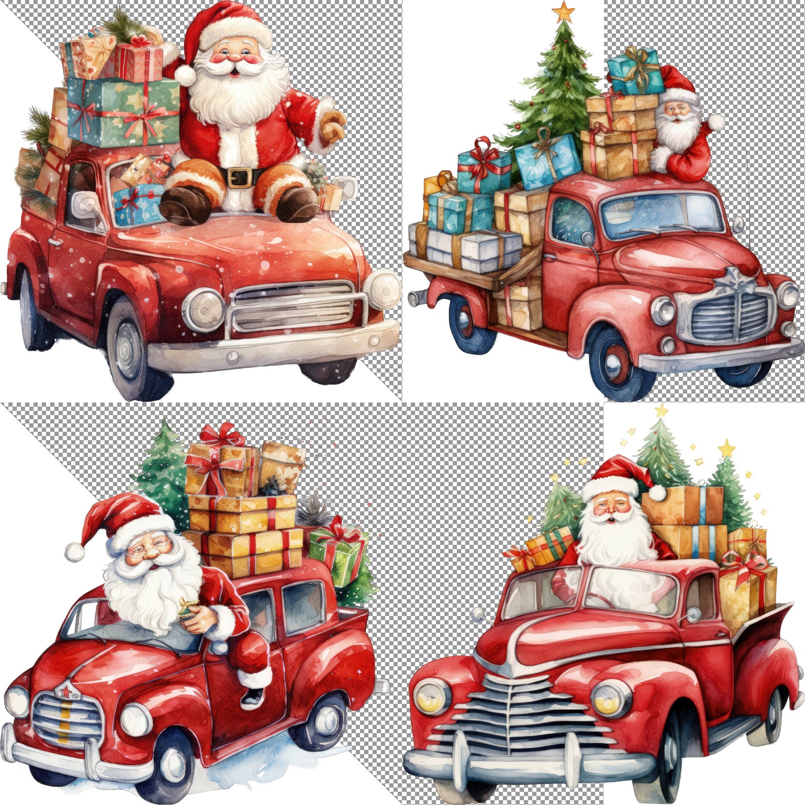 Santa's Car Ride Watercolor Cartoon, Clip Art for T Shirt, Wall Art for ...