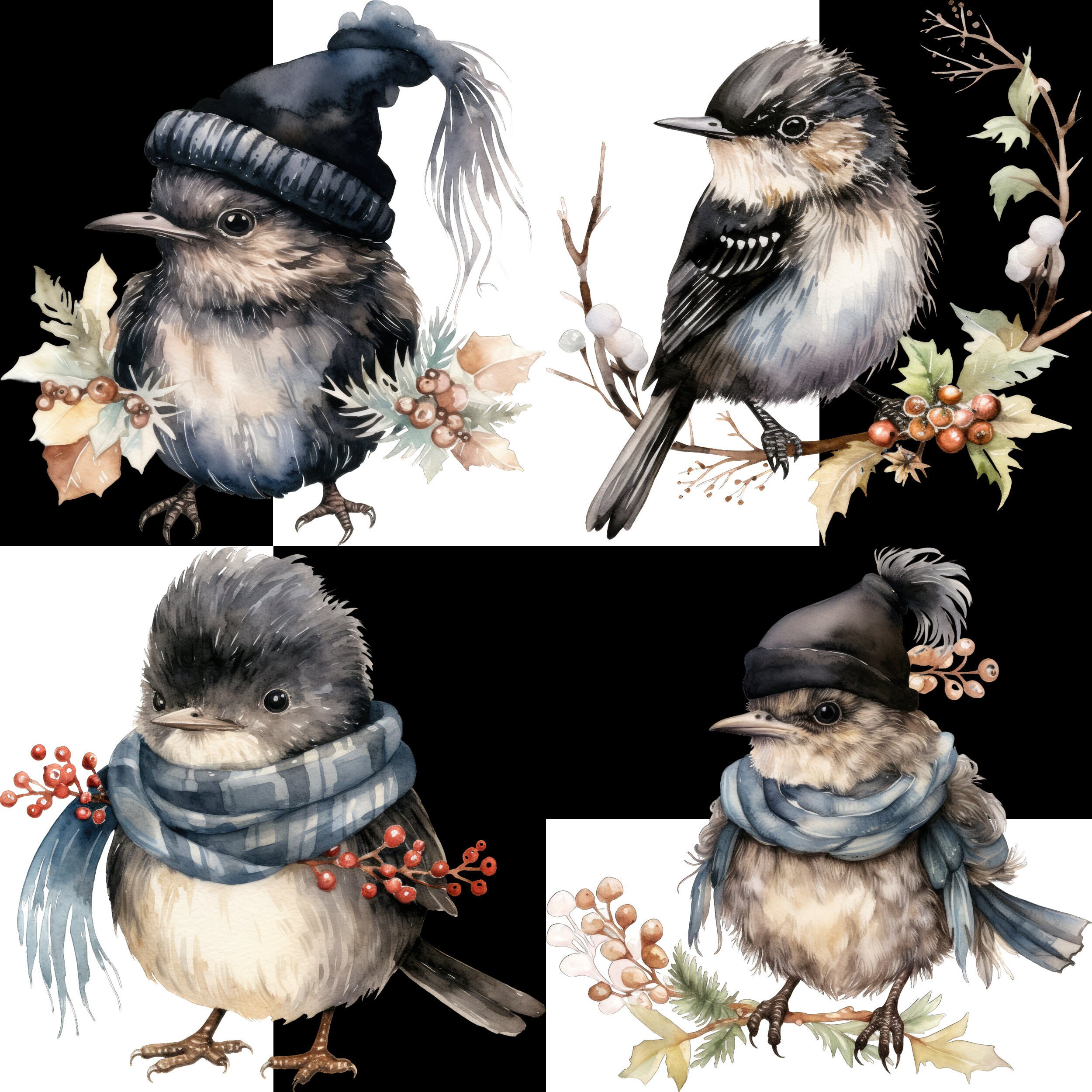 Black Wren in Winter Costume PNG Watercolor Clipart,watercolor Cozy ...