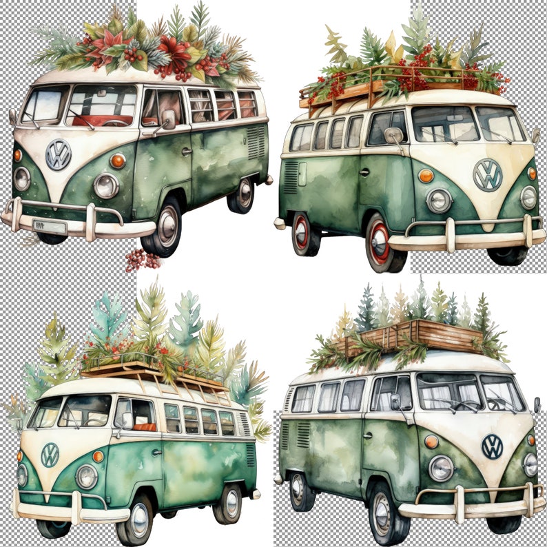 Christmas Retro Van Clipart, Festive Retro Christmas Van Watercolor ...