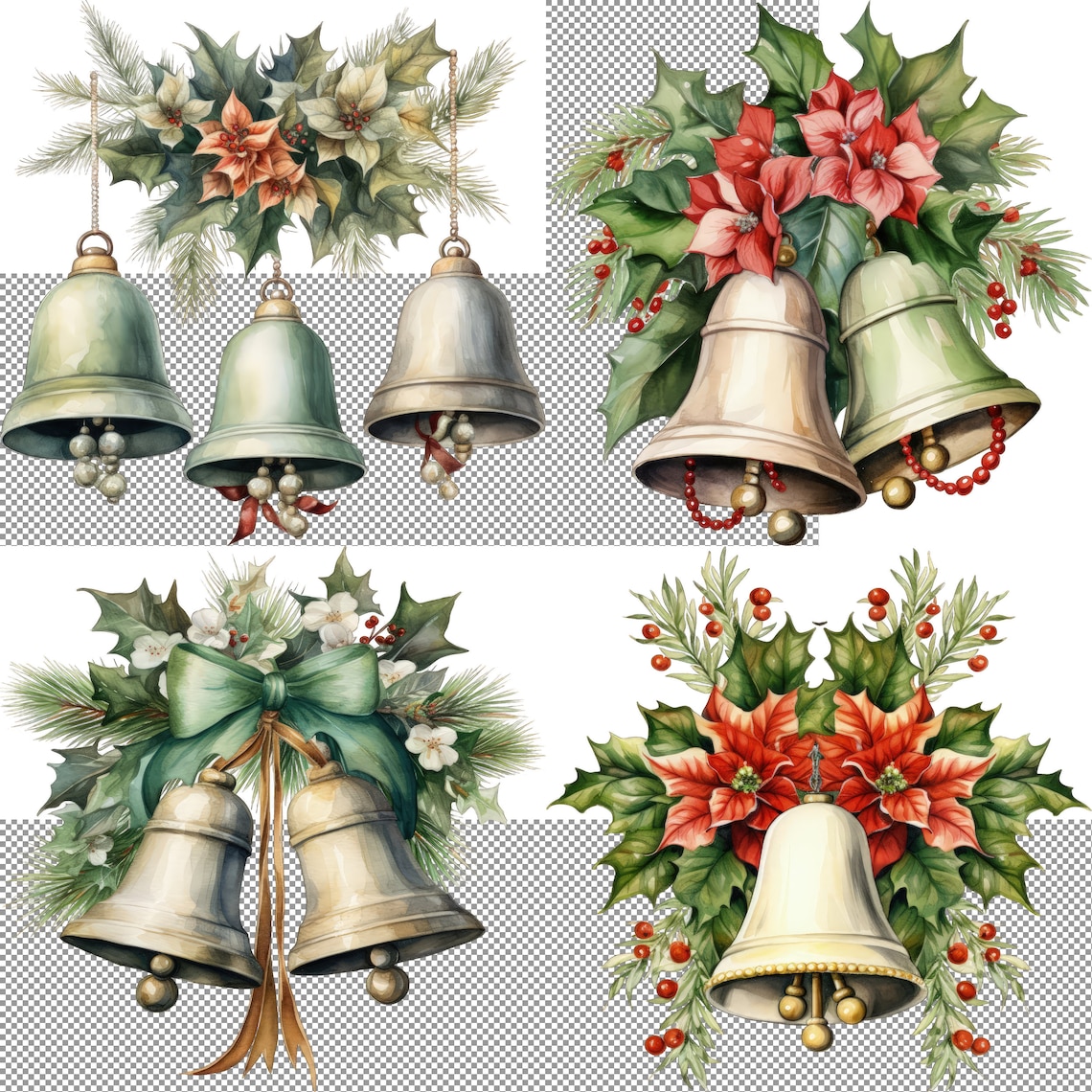 Christmas Bells in Muted Colors Watercolor Illustration, Background for ...