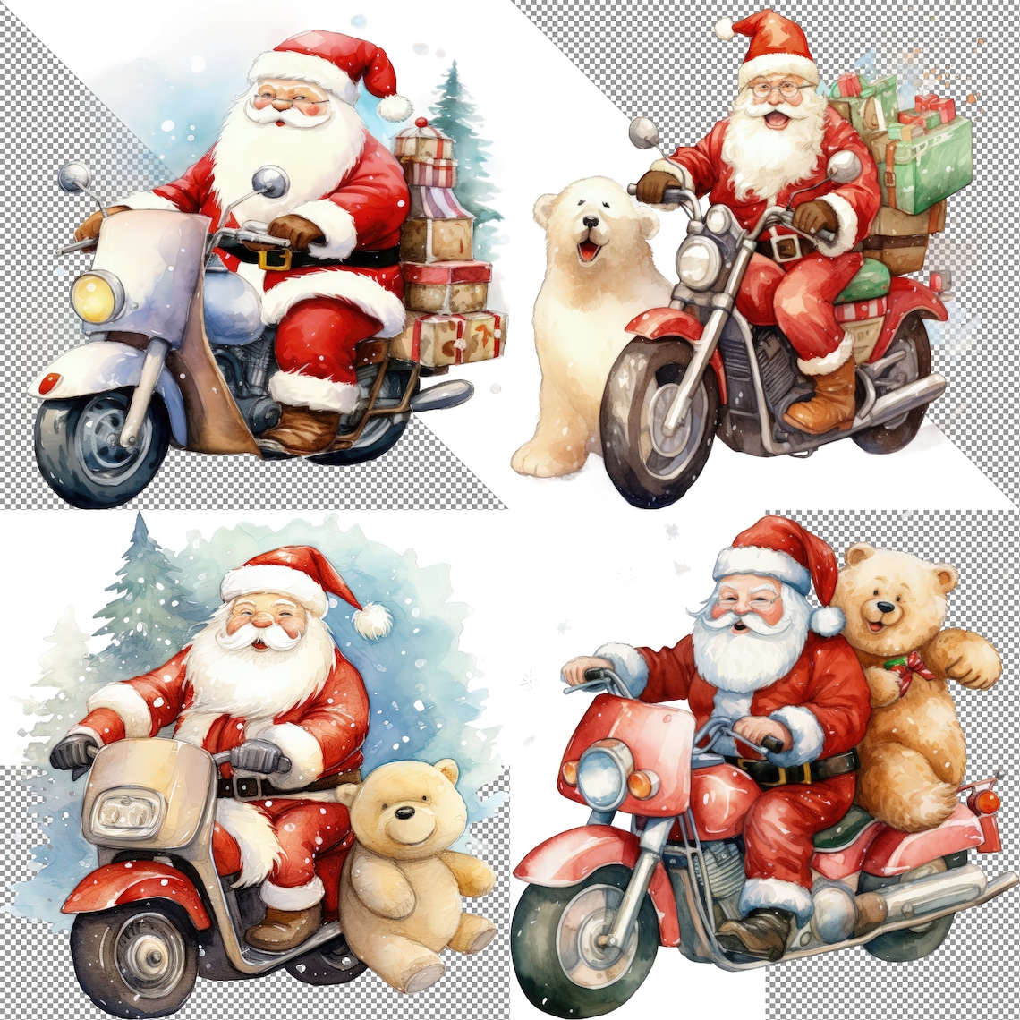 Santa and Polar Bear Ride Watercolor Cartoon, Wall Art for Bedroom ...