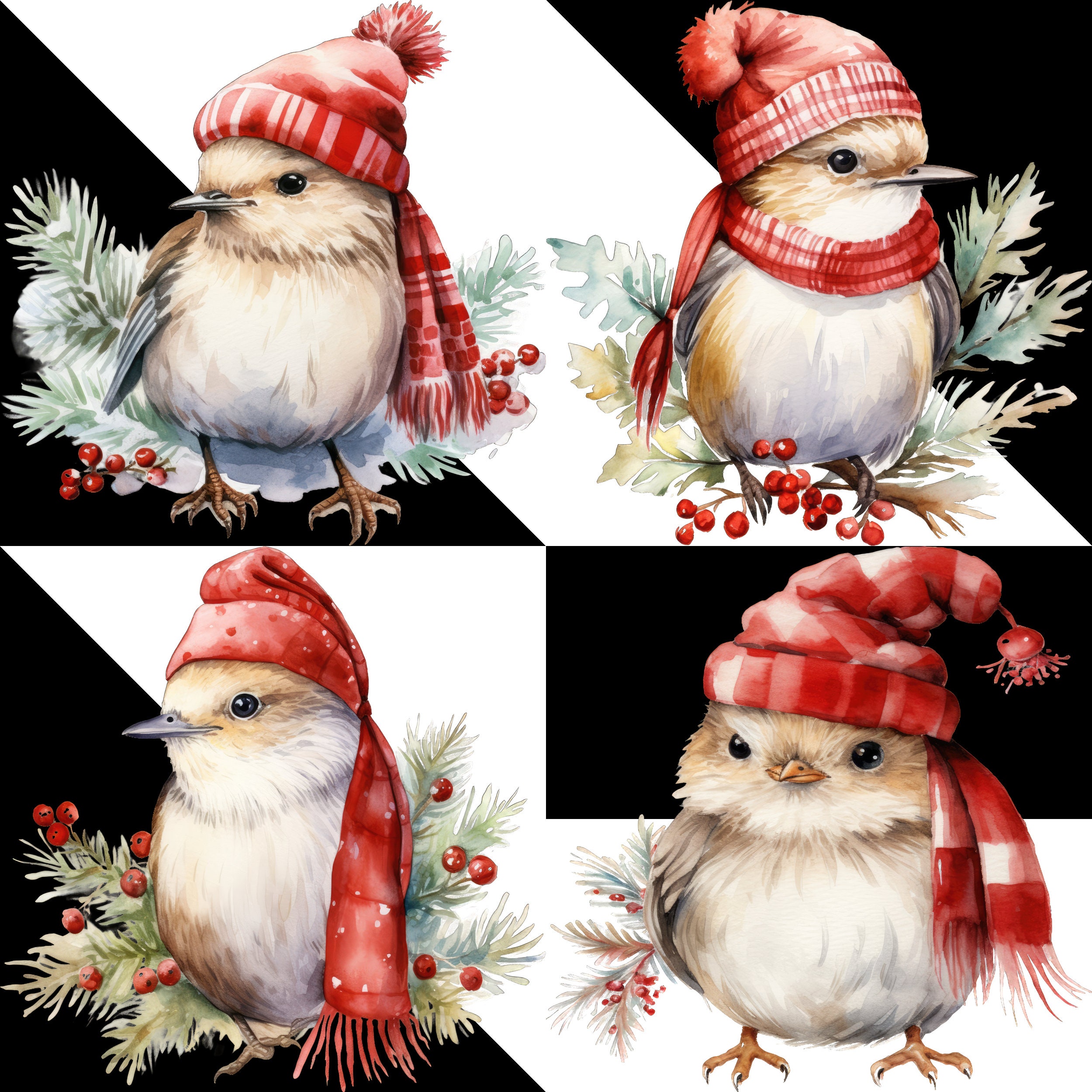 White Wren With Santa Cap and Scarf Watercolor PNG Clipart,watercolor ...