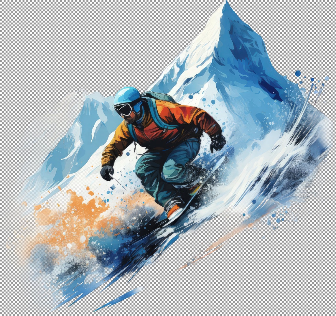 Snowboarder's Descent Clipart, Watercolor Winter Sports Clipart ...