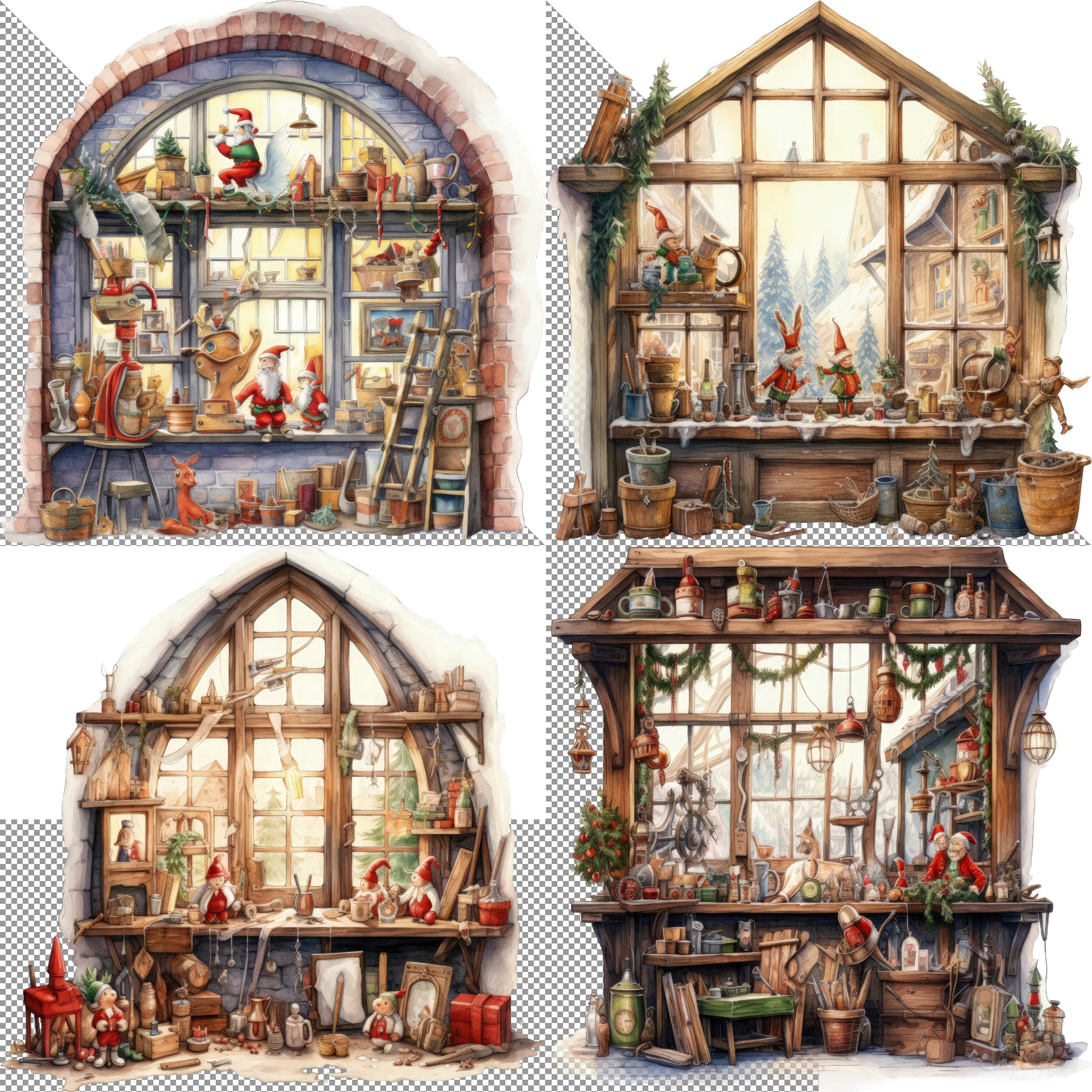 Santa's Workshop Clipart, Enchanted Glimpse Through a Window Watercolor ...
