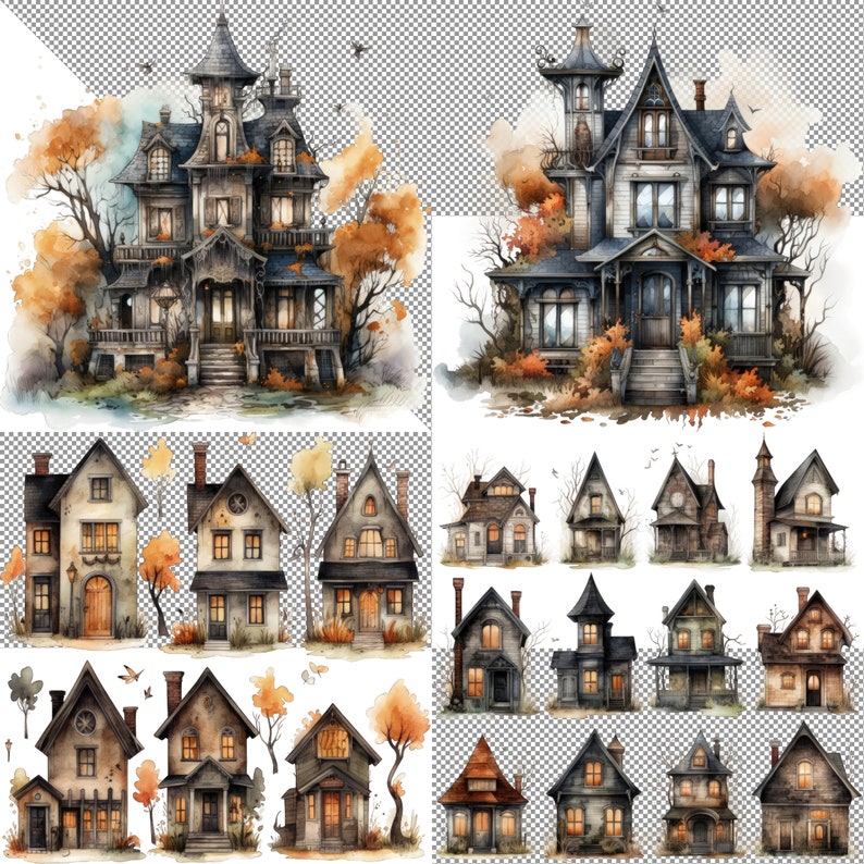 Haunted Houses Halloween Clipart, Art for A Halloween, Print for Decor ...